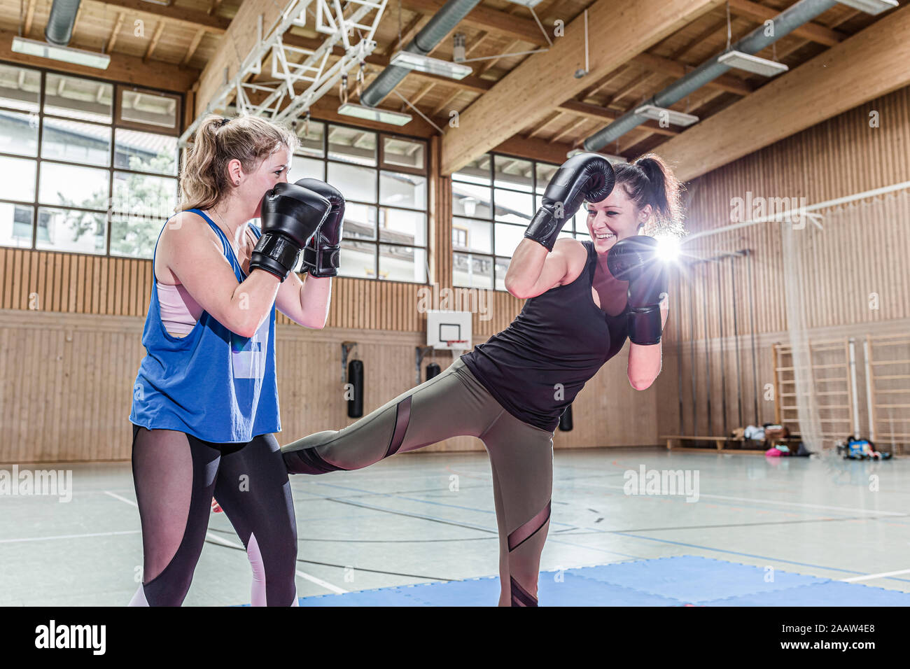 Female kickboxers practising in sports hall Stock Photo - Alamy