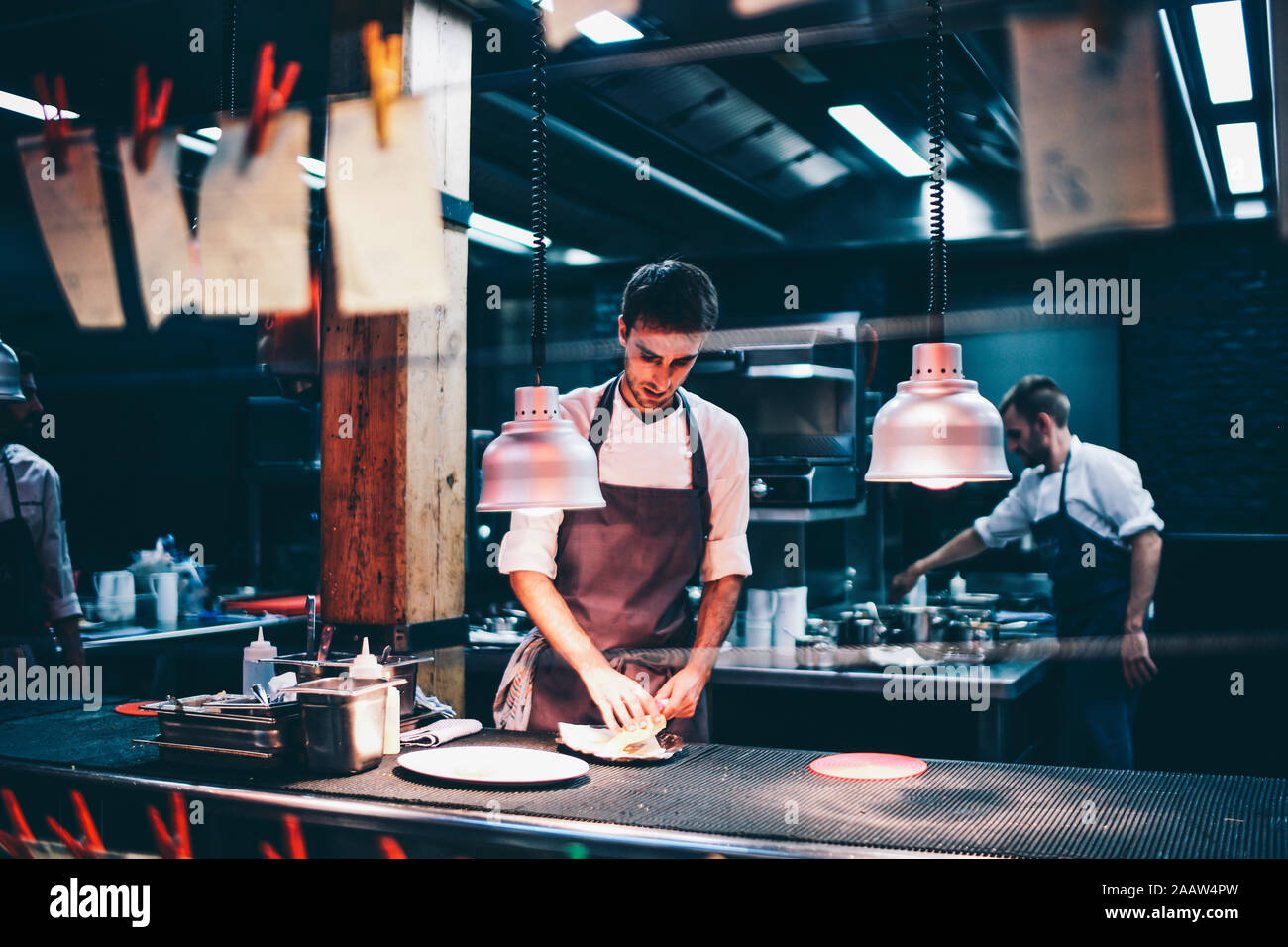 Cook serving food on a plate in the kitchen of a restaurant Stock Photo ...