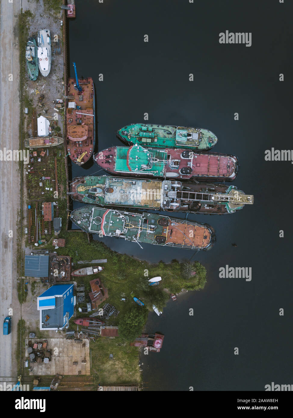 Aerial view of ships in Ladoga canal at shipyard, Shlisselburg, Russia ...