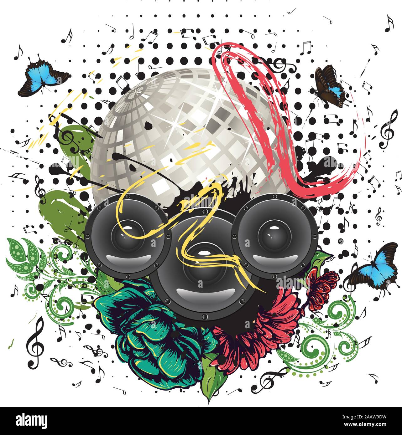 Grunge music design with silver disco ball and floral Stock Vector ...