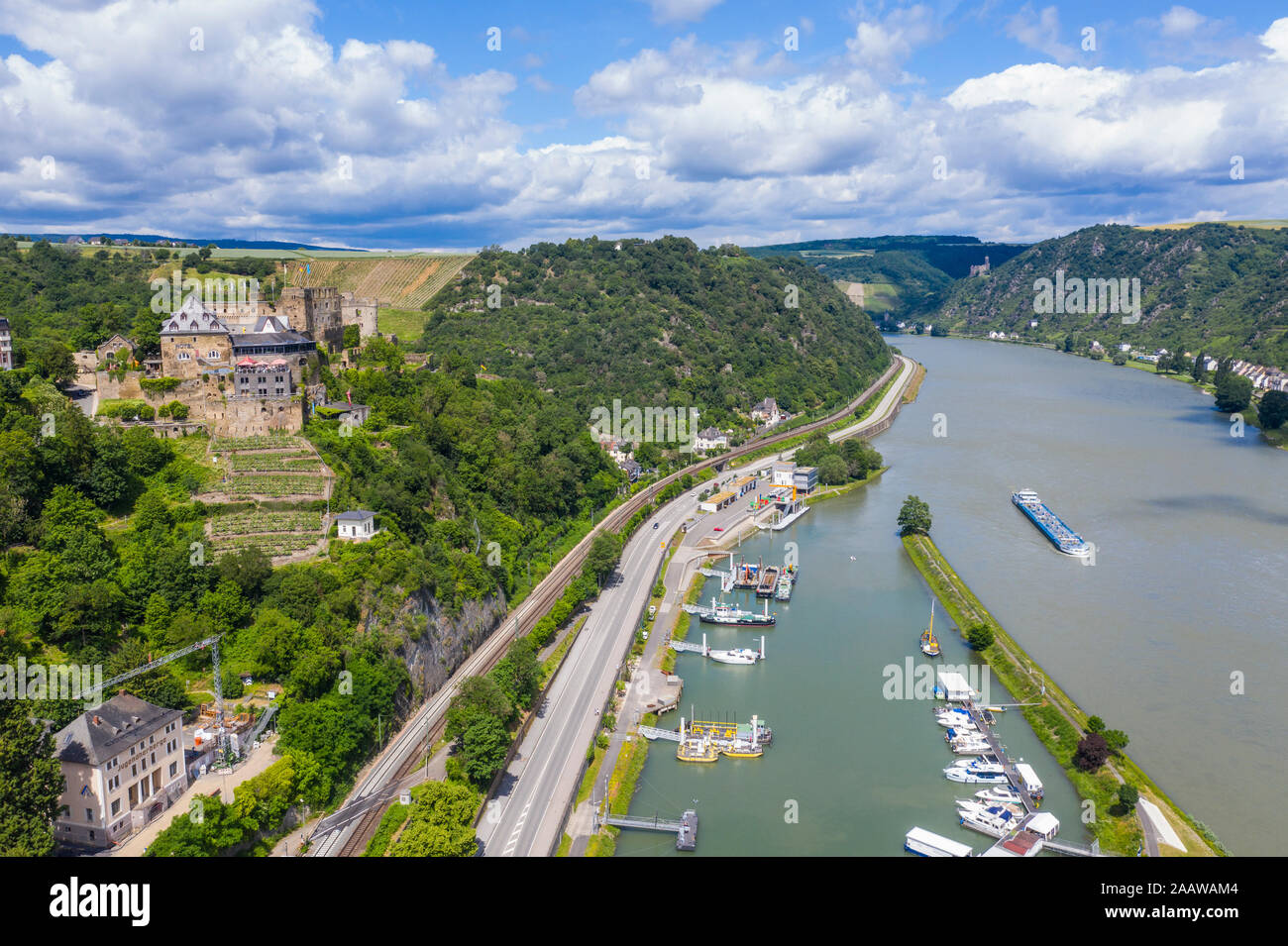 Aerial view of Rheinfels castle on mountain by Rhine river, Germany ...