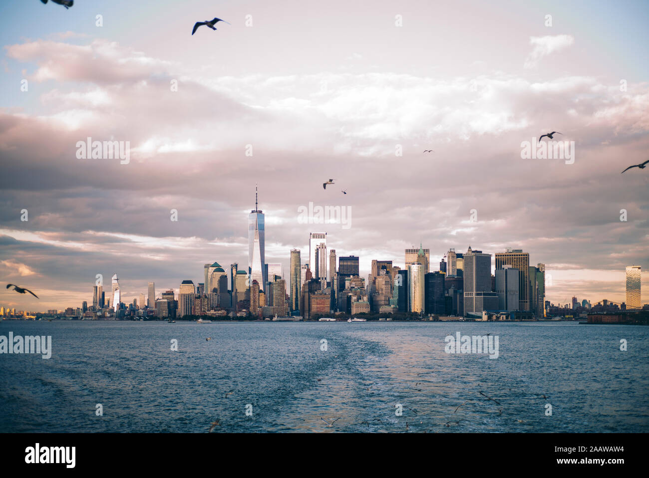 Skyline of New York City seen from Staten Island Ferry, USA Stock Photo ...