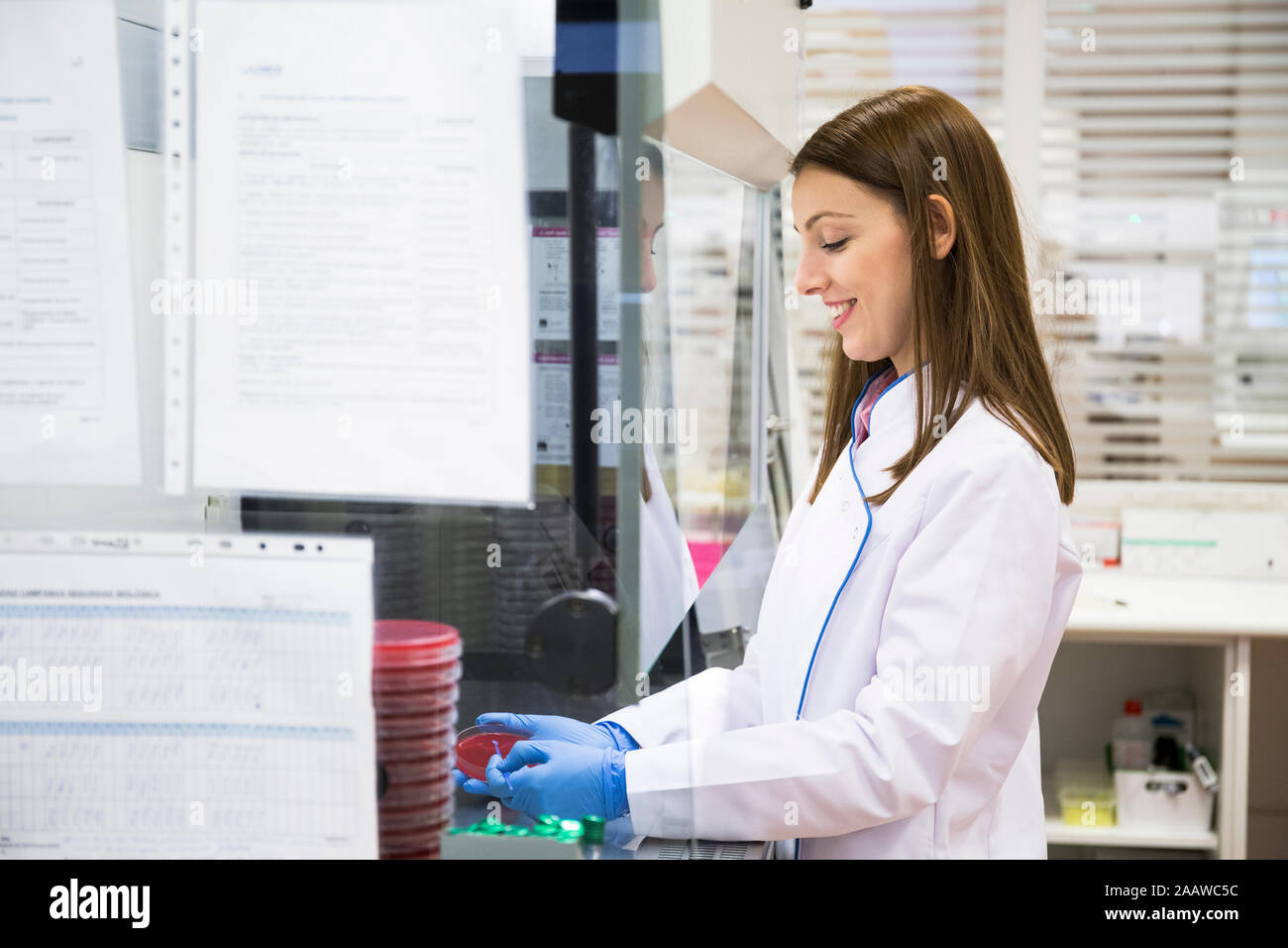 Side view of female scientist in white apparel working in modern ...
