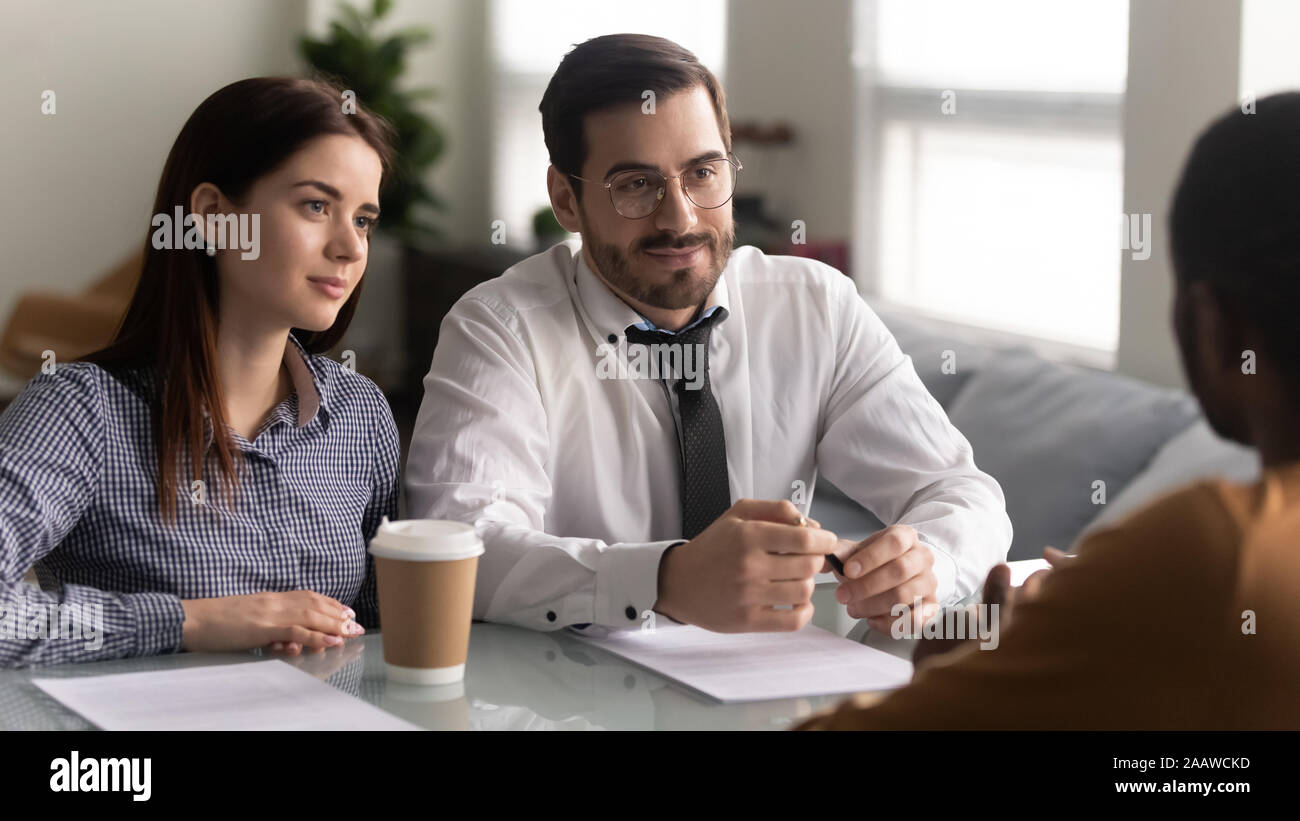 Diverse recruiters consider work applicant at job interview Stock Photo ...