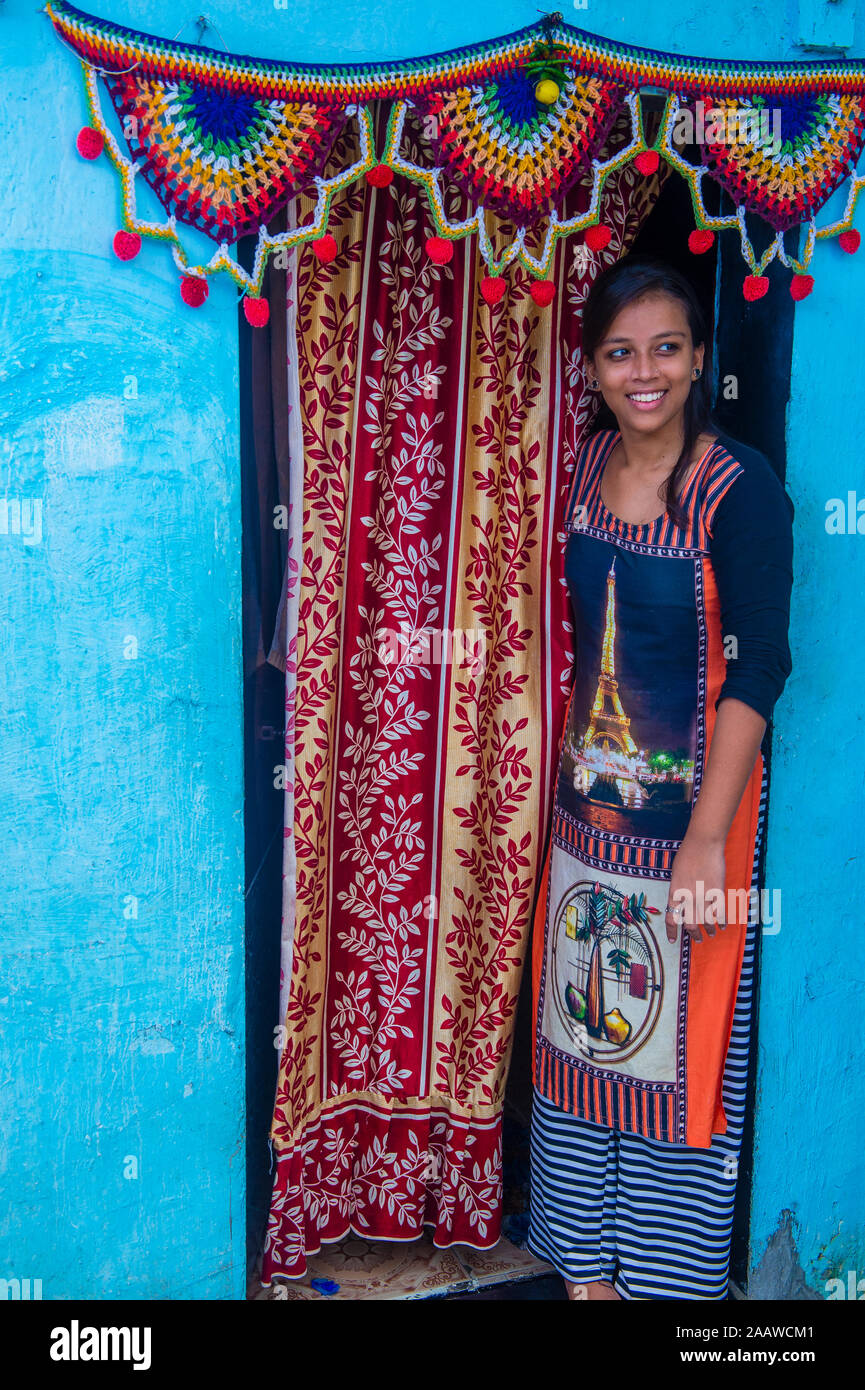 Portrait of an Indian woman in Asalfa neighborhood in Ghatkopar, a ...