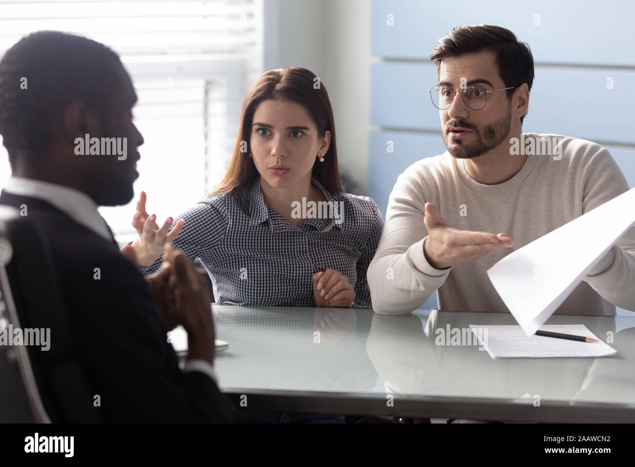 Angry clients couple argue with agent for paperwork contract mistake ...