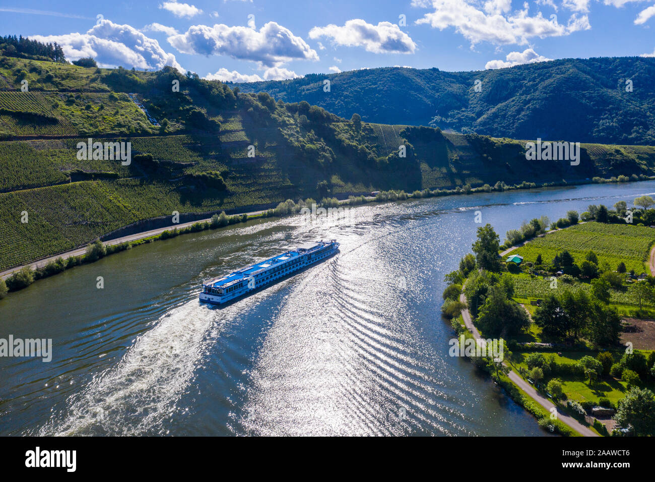 Aerial view of cruise ship on Mosel River against sky, Mehring, Germany ...