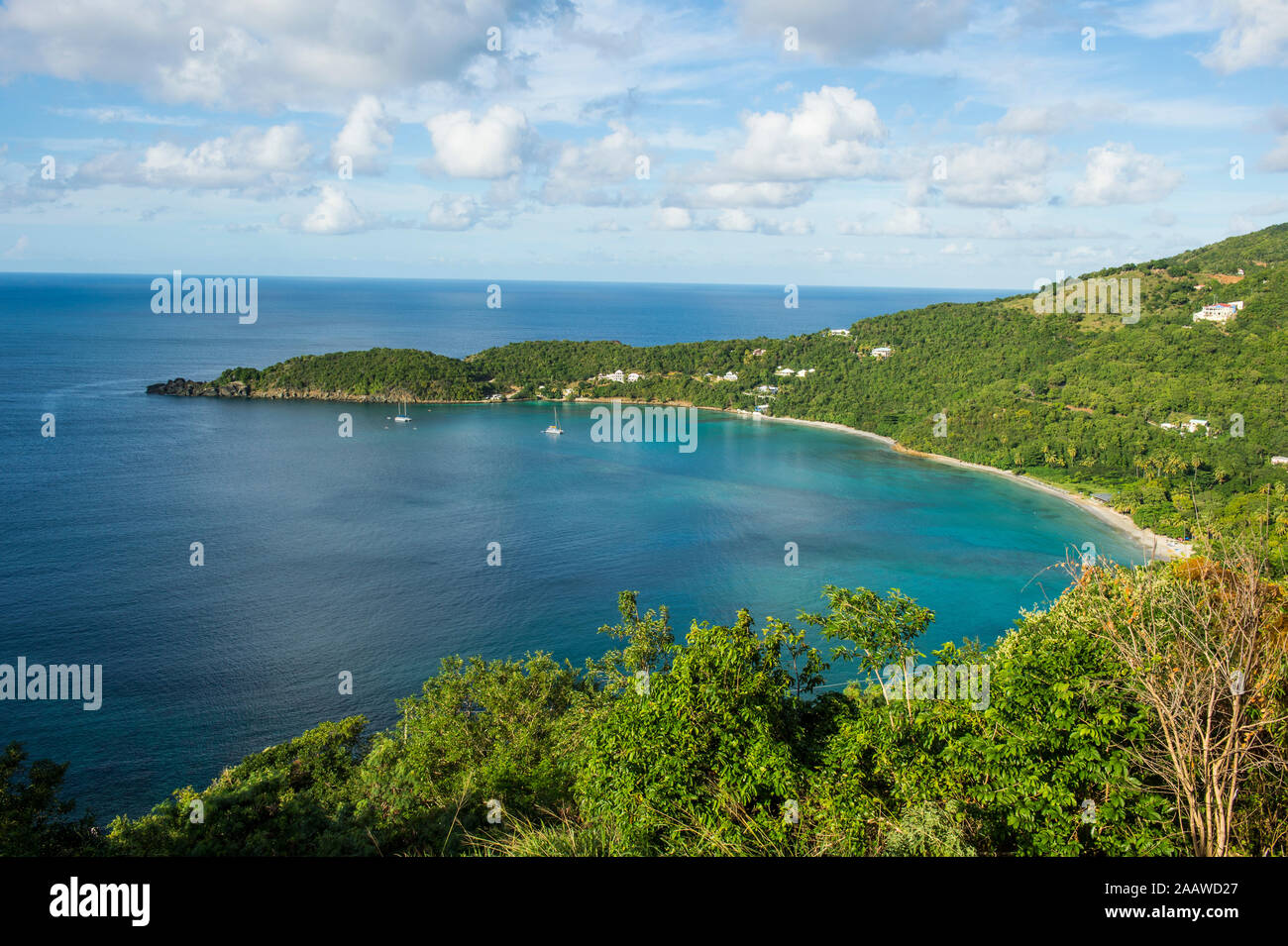 Aerial view of Brewers Bay against cloudy sky, Tortola, British Virgin ...