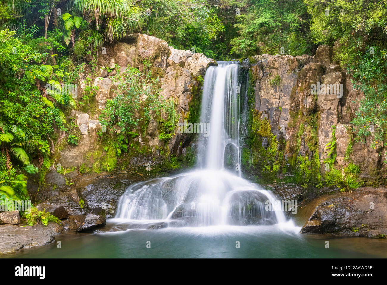 New Zealand, North Island, Waikato, Waiau, scenic view of waterfall ...