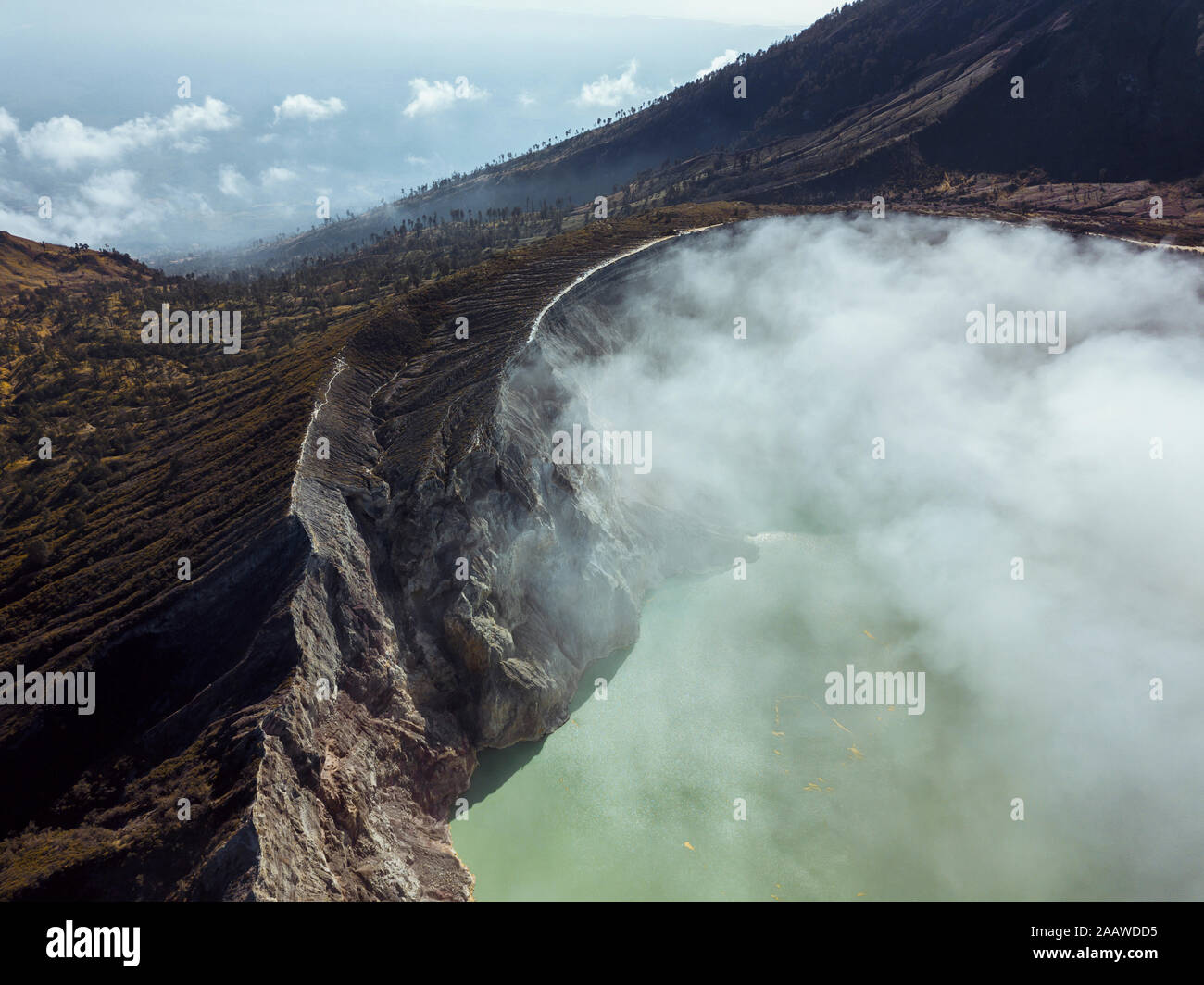 Indonesia, Java, Aerial view of green sulphuric lake of Ijen volcano ...