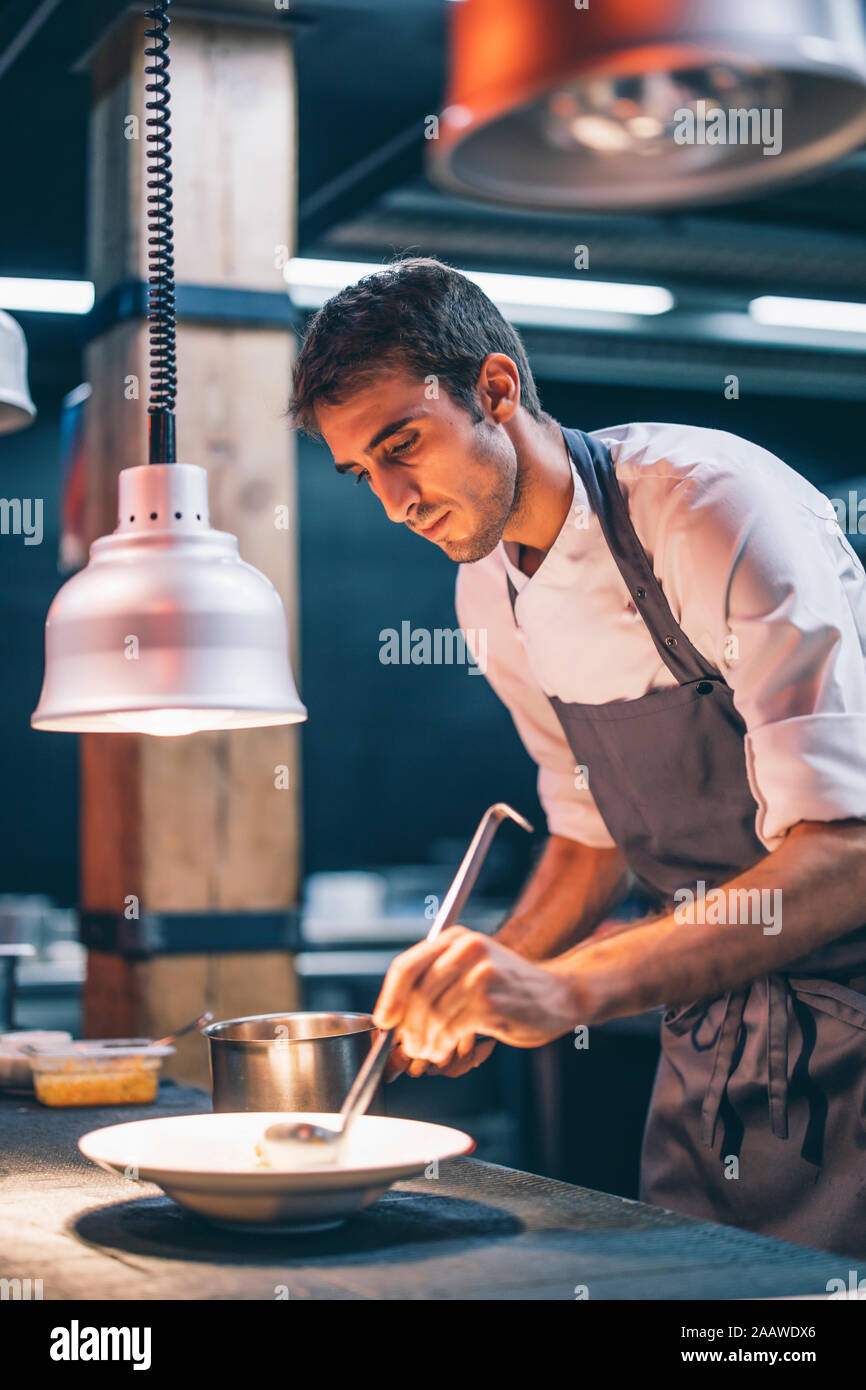 Cook serving food on a plate in the kitchen of a restaurant Stock Photo ...