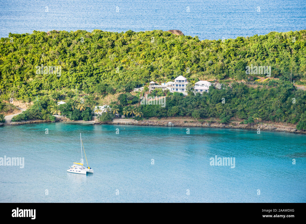 Aerial view of boat on Brewers Bay, Tortola, British Virgin Islands ...
