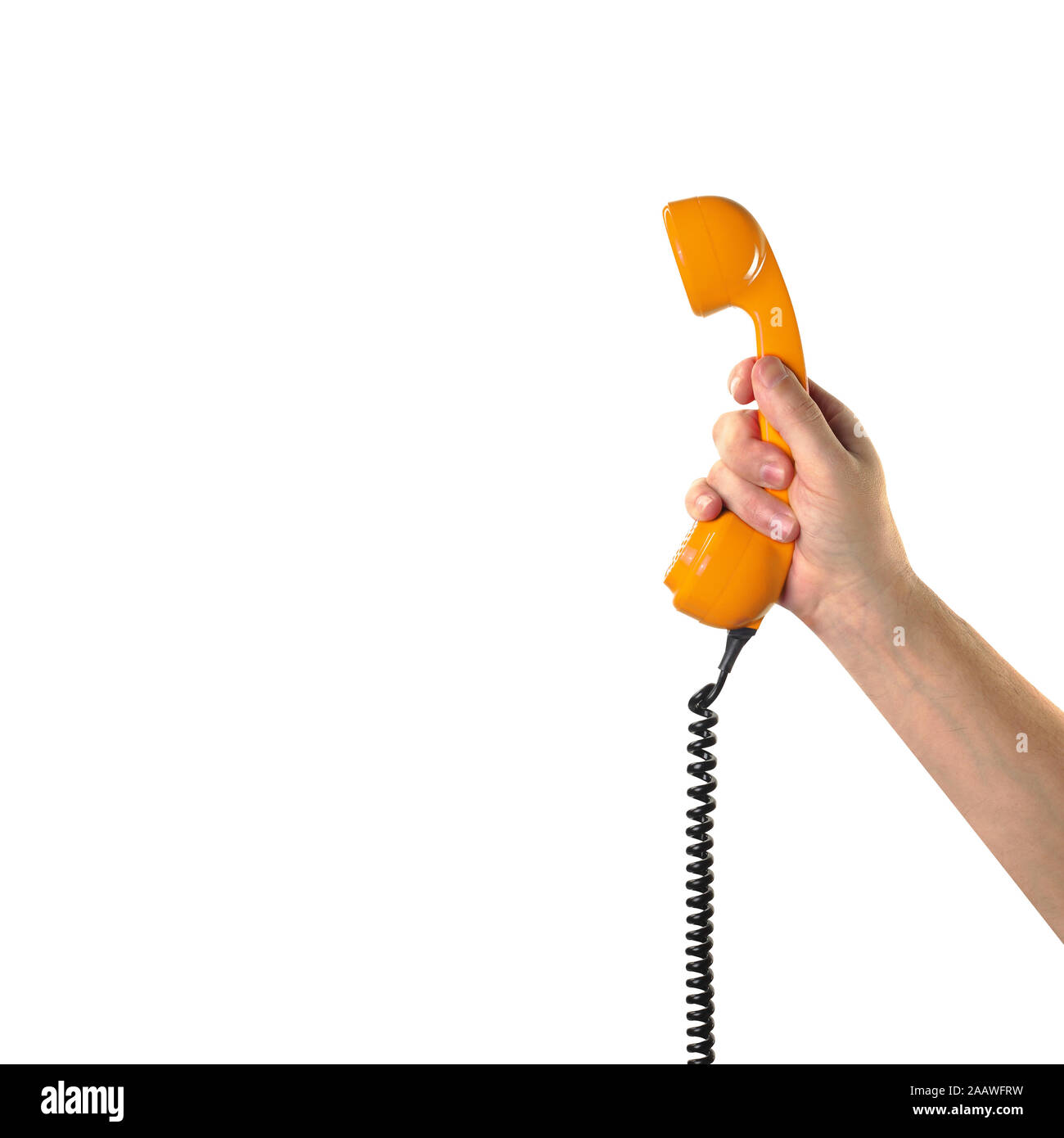 Objects Hands action - Hand holds vintage retro phone orange handset ...