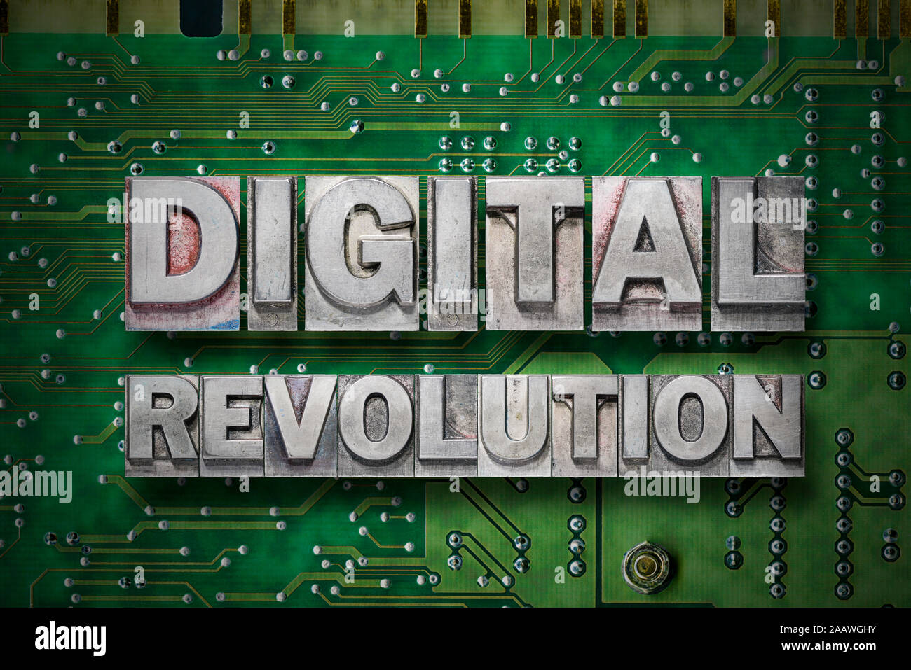 digital revolution phrase made from metallic letterpress blocks on the ...
