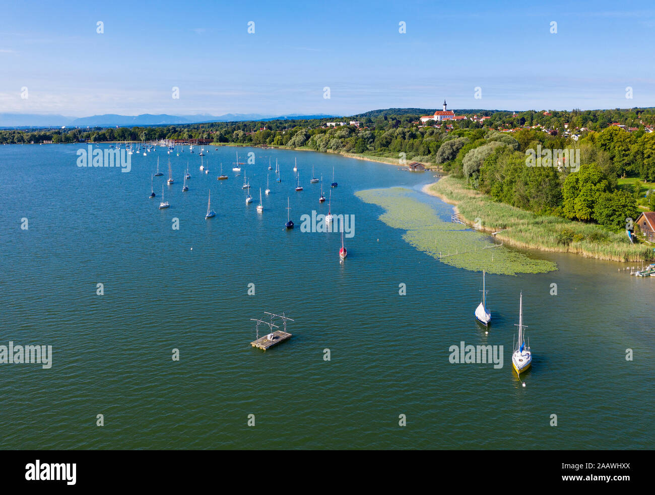 Aerial view of boats in Ammersee lake at Upper Bavaria, Germany Stock ...