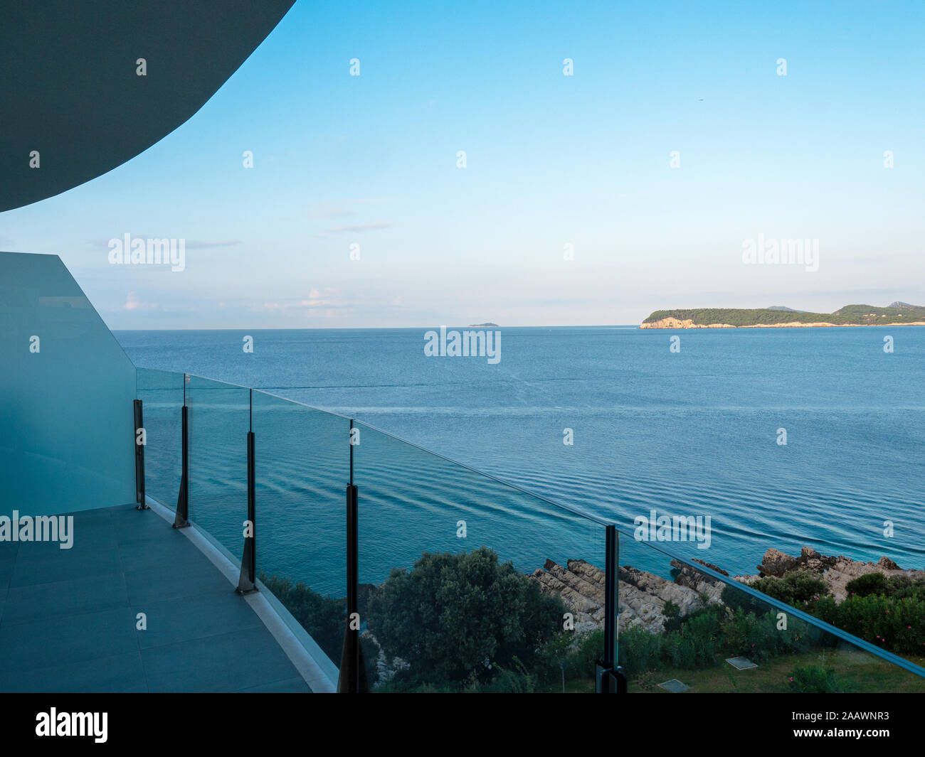 Stock photo of views of the coast from a glass balcony in Croatia Stock ...