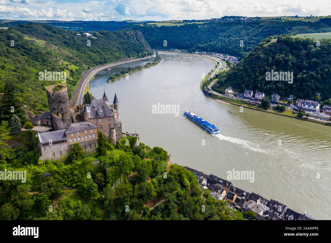Aerial view of Katz Castle on mountain by Rhine River, Germany Stock ...