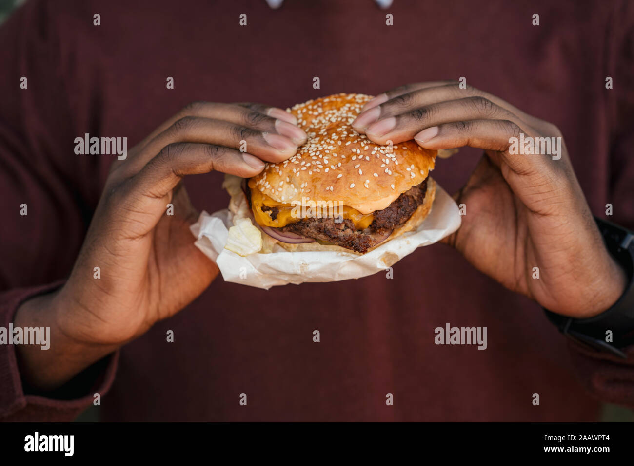 Close-up of hands, holding cheeseburger Stock Photo - Alamy