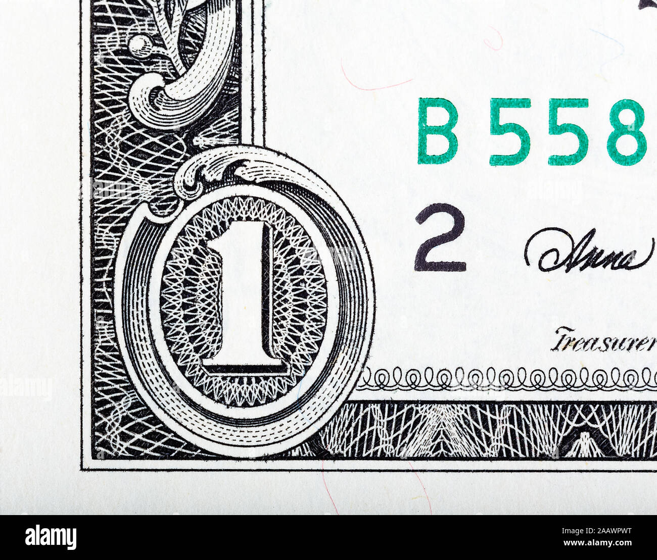 One U.S. dollar bill, detail in macro. Deatail photo of US money Stock ...