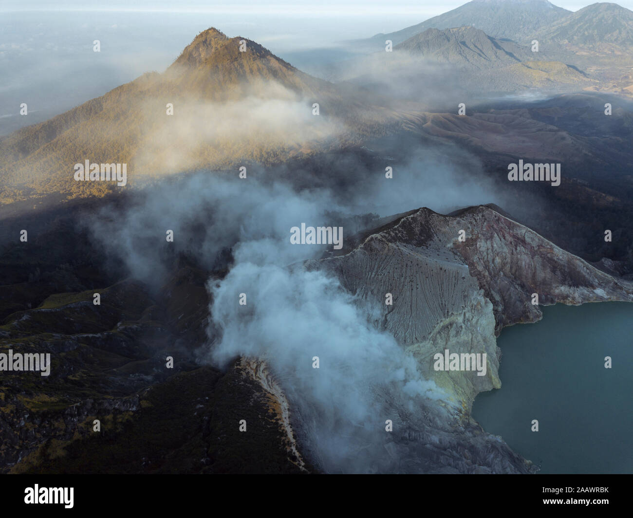 Indonesia, Java, Aerial view of green sulphuric lake of Ijen volcano ...