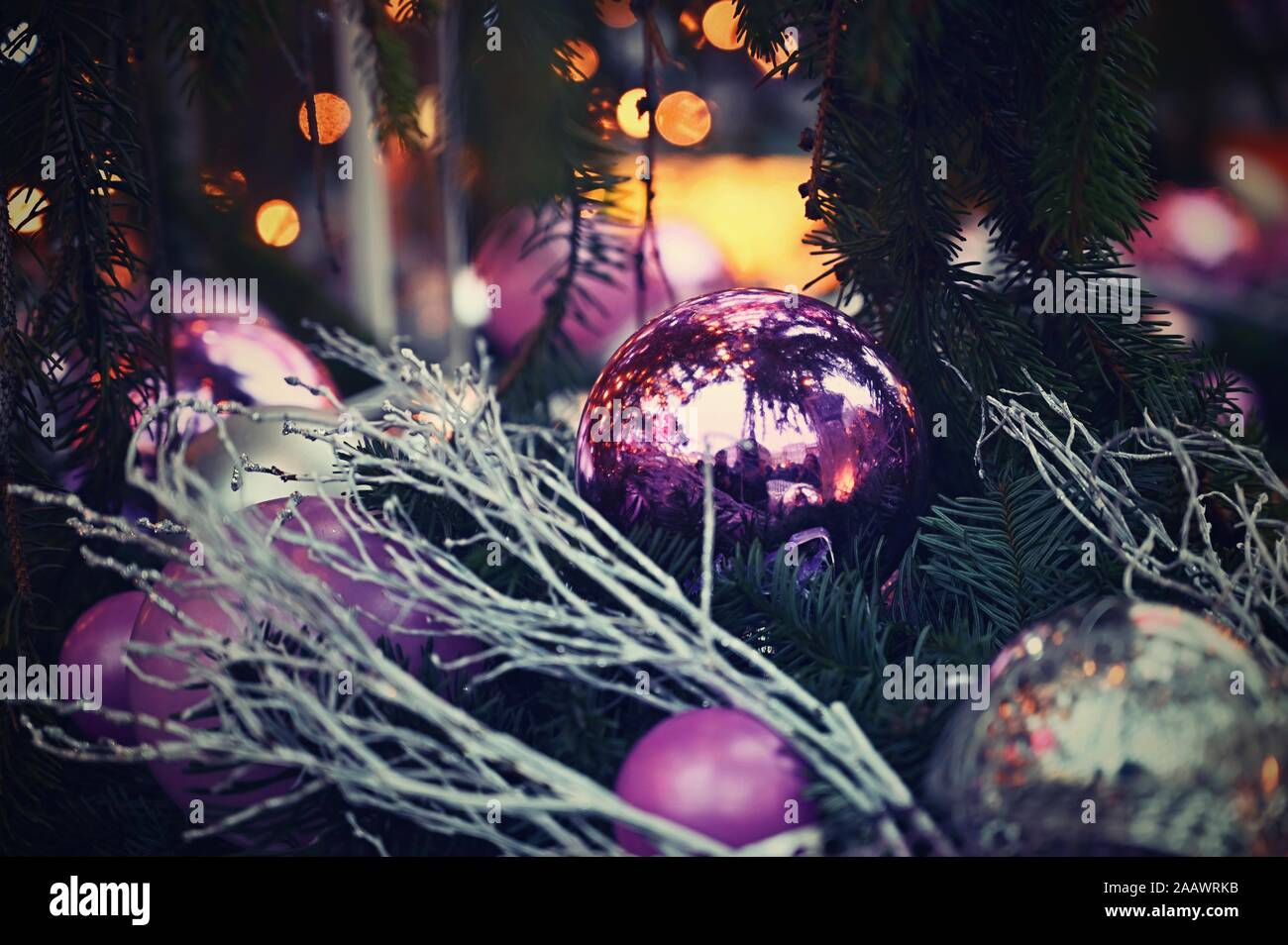 Beautiful Christmas ornament on the Christmas tree with lights Stock ...