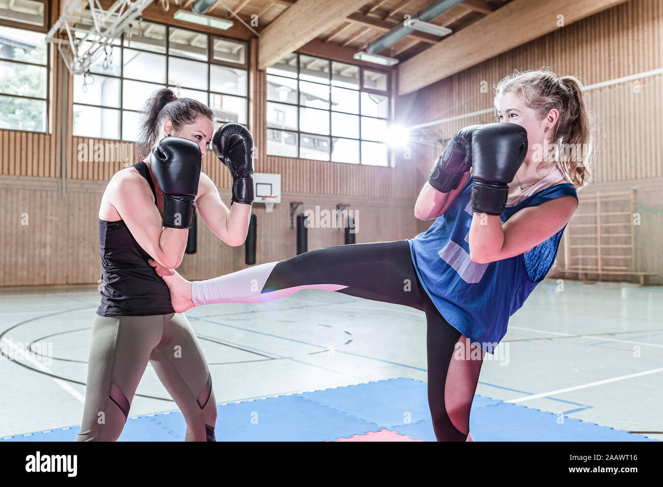 Female kickboxers practising in sports hall Stock Photo - Alamy