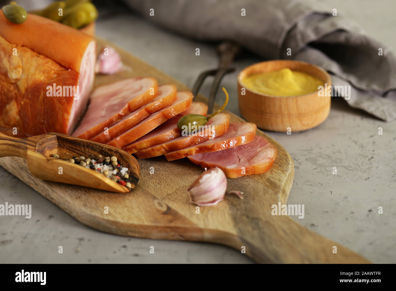 smoked pork knuckle meat with mustard and pickles Stock Photo - Alamy