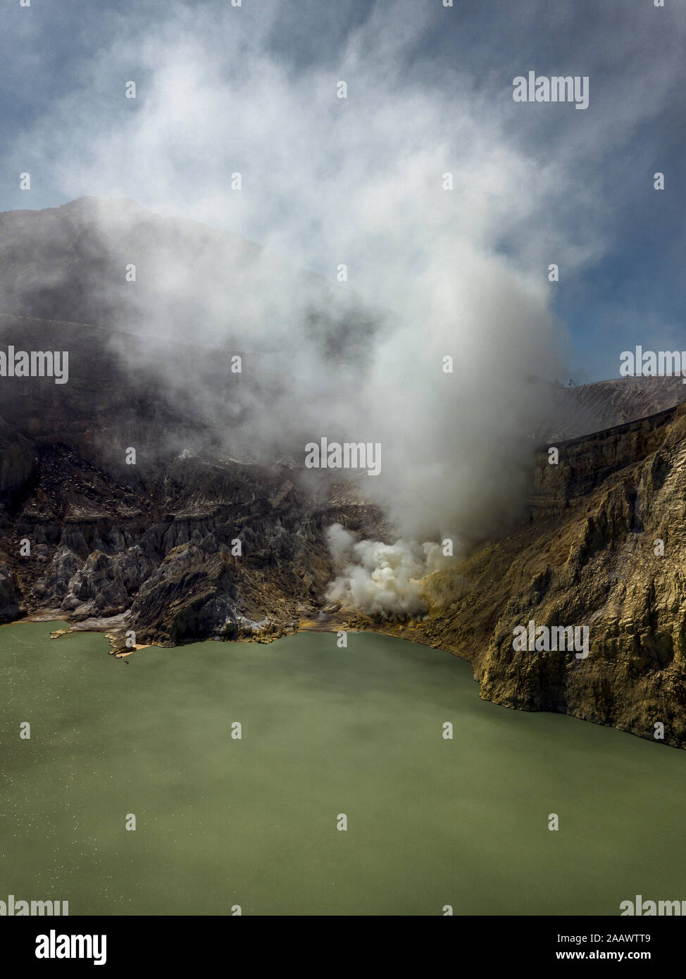 Indonesia, Java, Aerial view of green sulphuric lake of Ijen volcano ...
