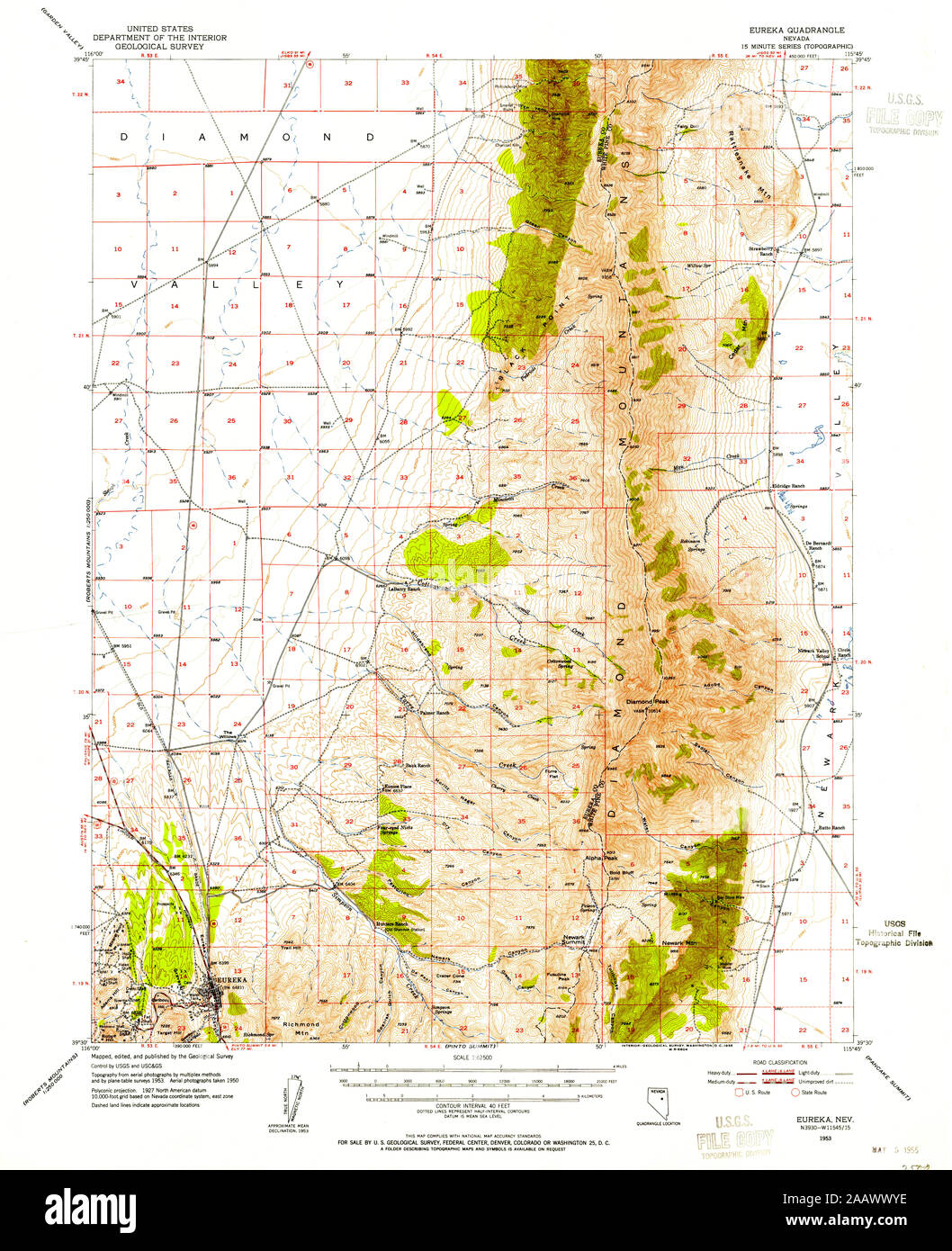 USGS TOPO Map Nevada NV Eureka 320894 1953 62500 Restoration Stock ...