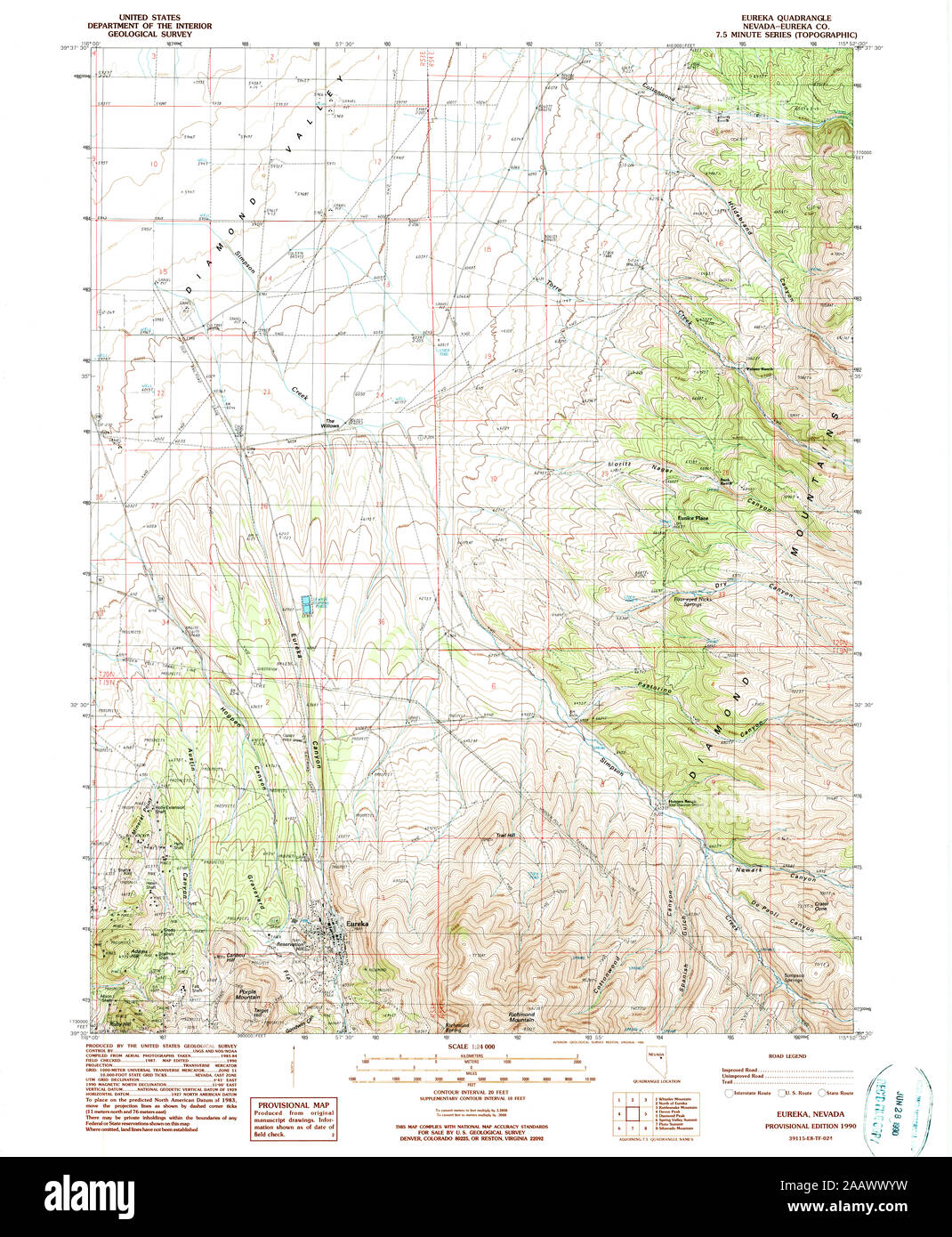 USGS TOPO Map Nevada NV Eureka 318706 1990 24000 Restoration Stock ...