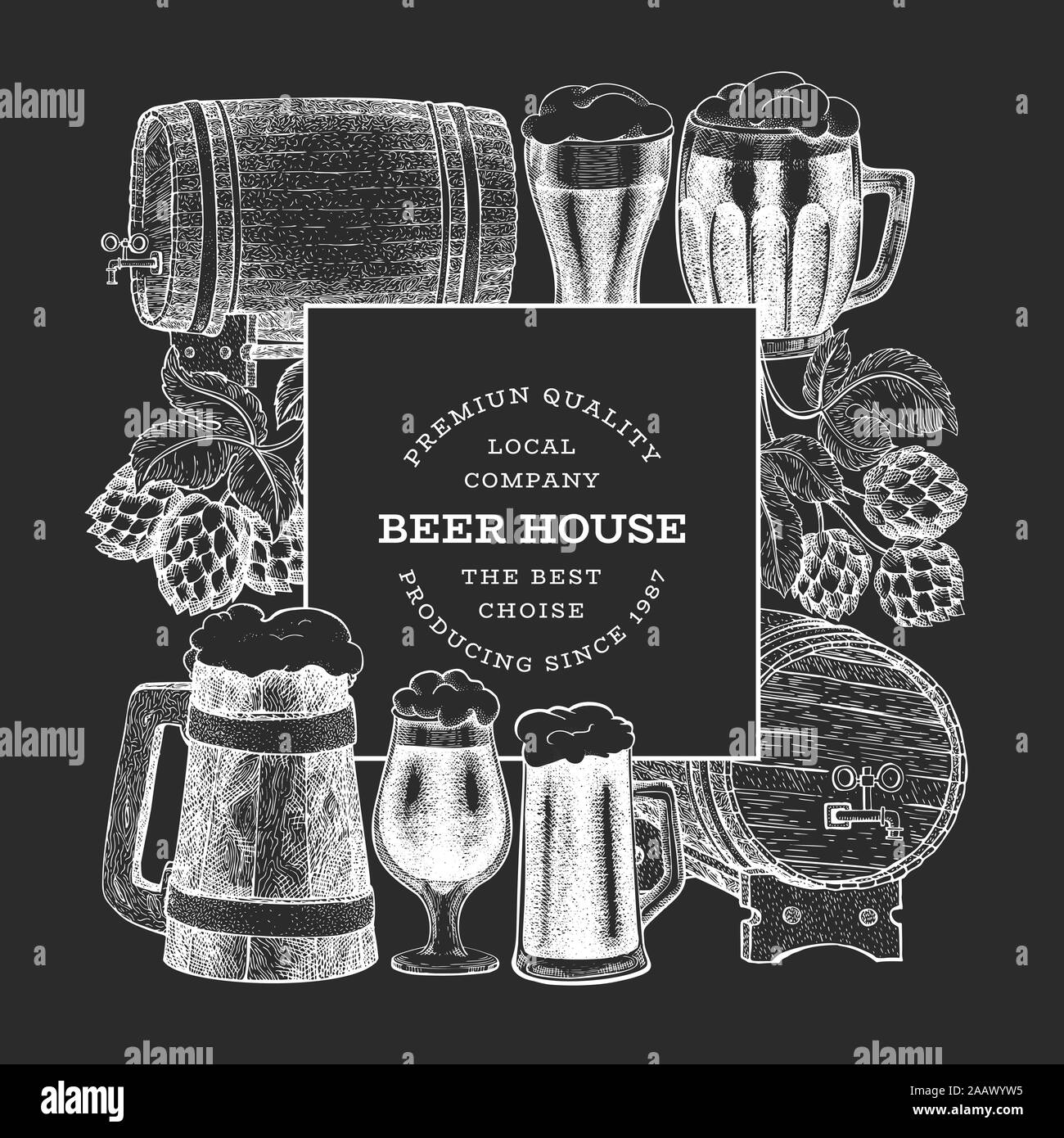 Beer and hop design template. Hand drawn vector brewery illustration on ...