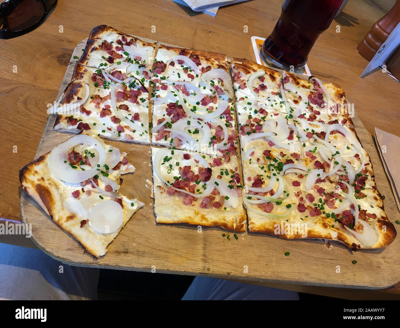 The dish Flammkuchen is a specialty in southern Germany. Here with ...
