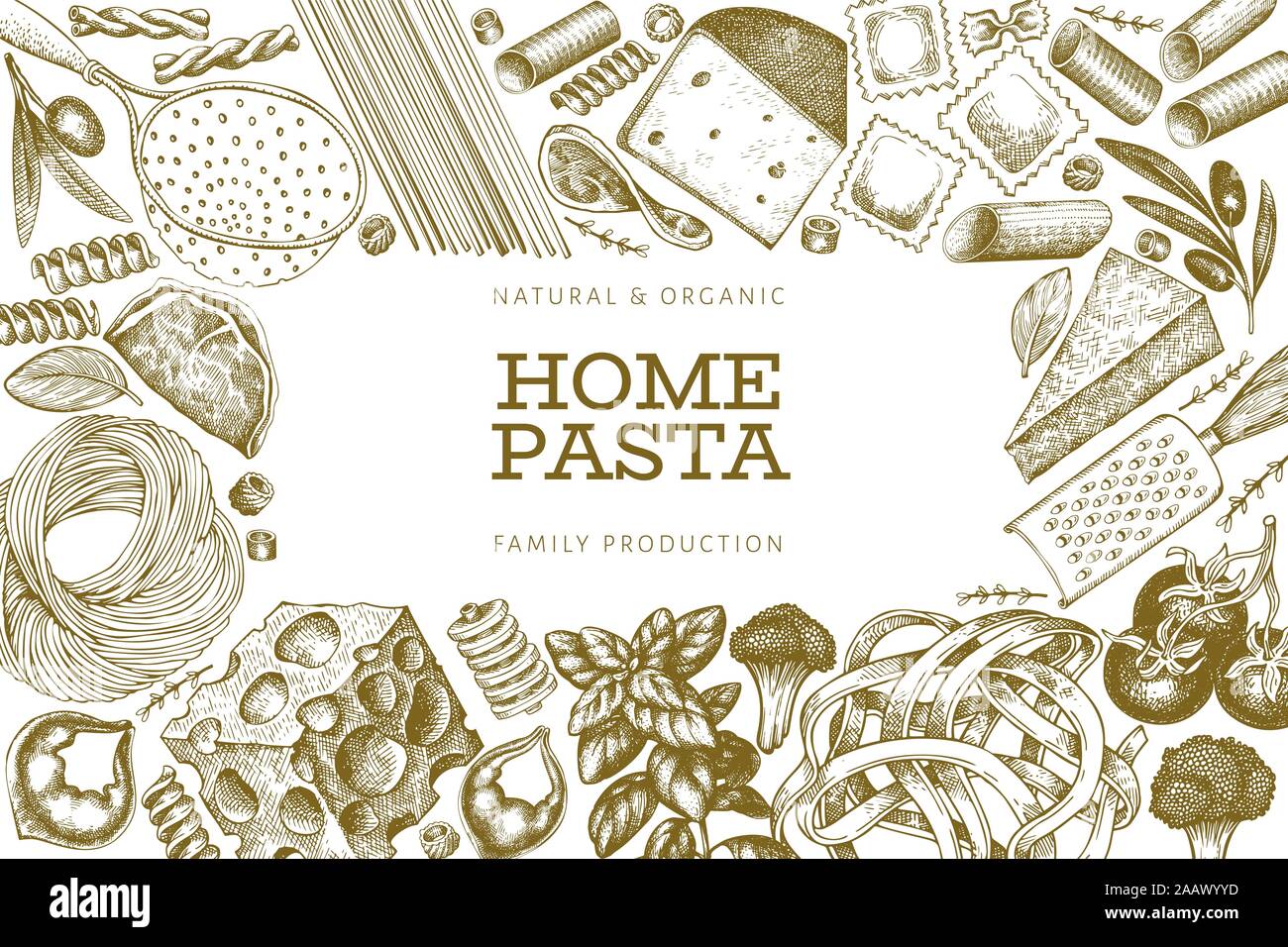 Italian pasta with addition design template. Hand drawn vector food ...