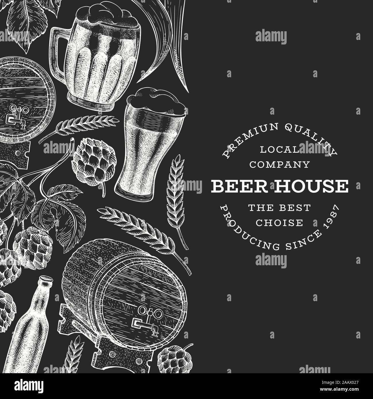 Beer and hop design template. Hand drawn vector brewery illustration on ...