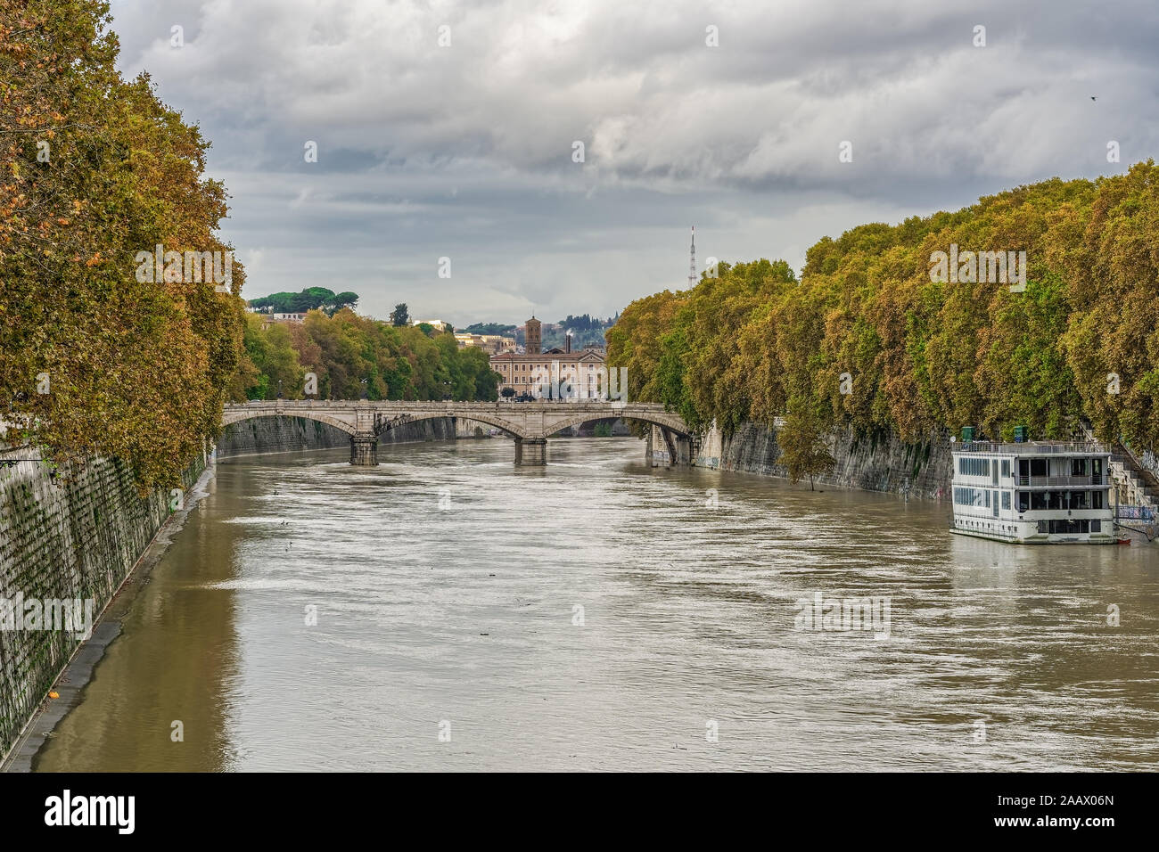 Rome, Italy Tiber river high tide water rise. High water level flooding ...