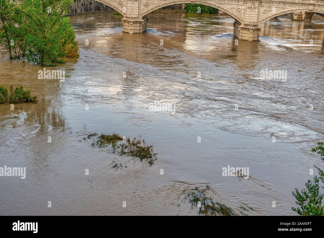 Rome, Italy Tiber river high tide water rise. High water level flooding ...