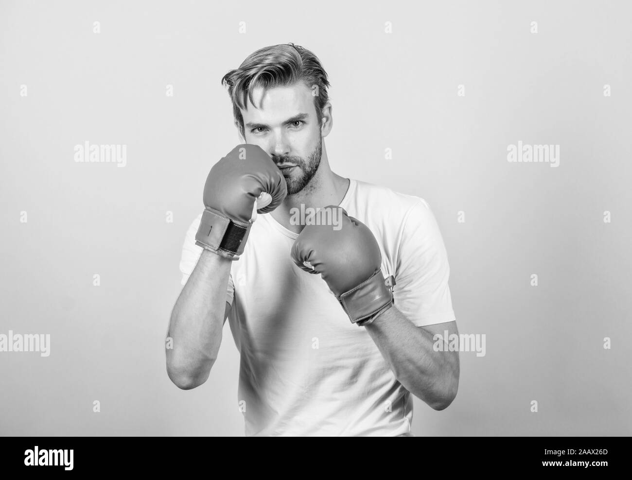 Strong muscles equal weapon. Motivated for victory. Sportsman boxer ...