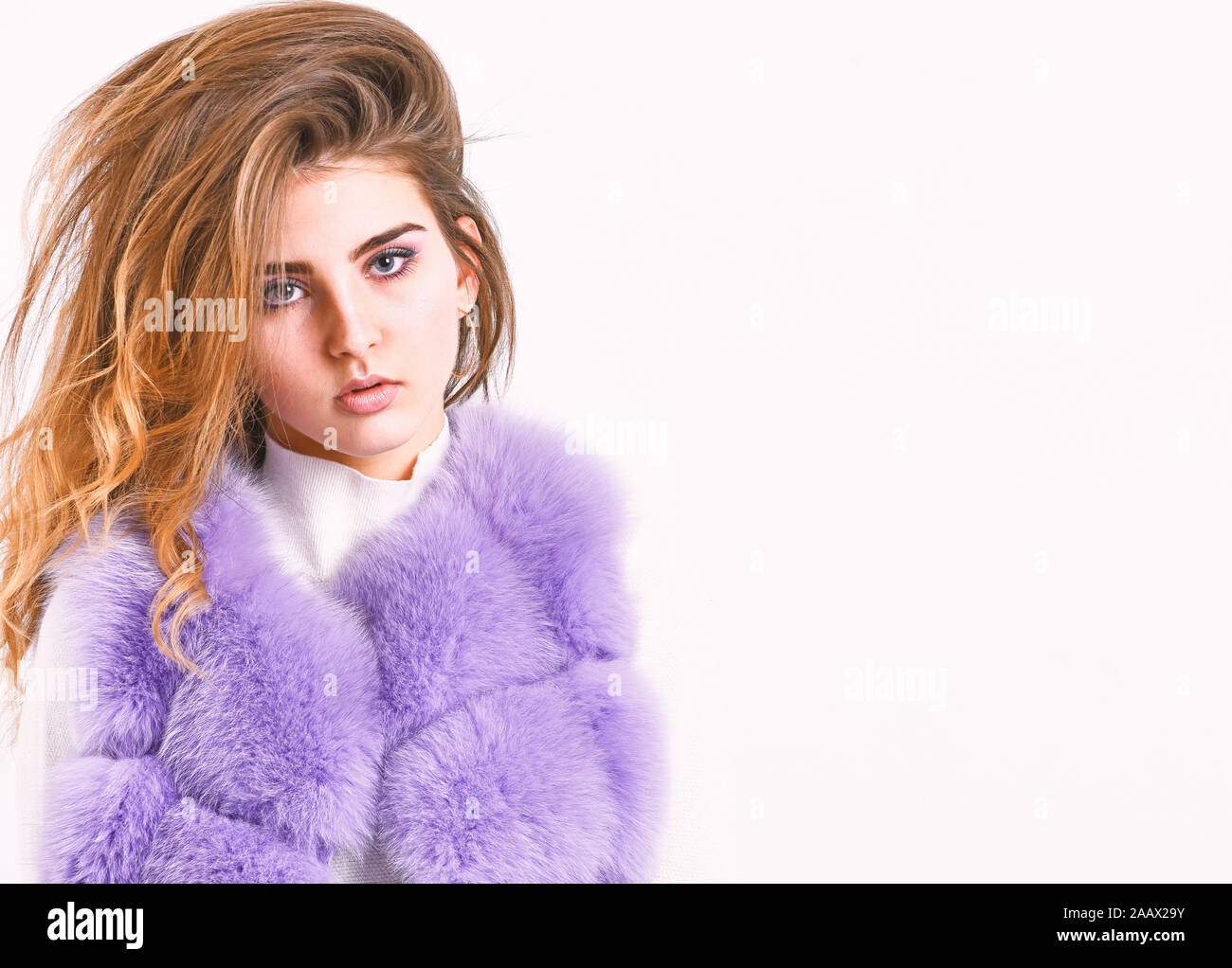 Violet fur vest fashion clothing. Woman makeup face wear fur vest white ...