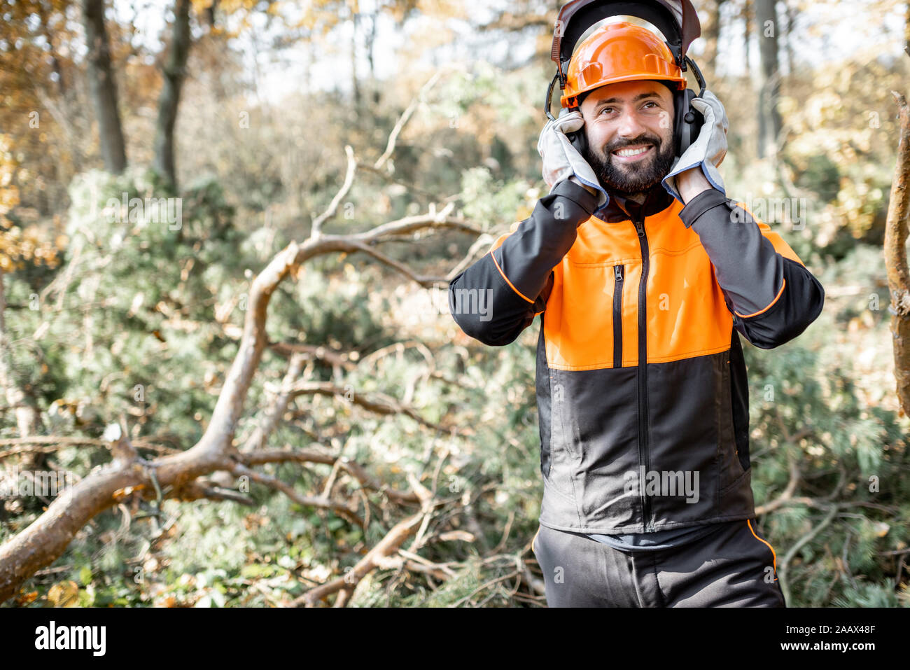 Waist-up portrait of a professional lumberman wearing protective ...