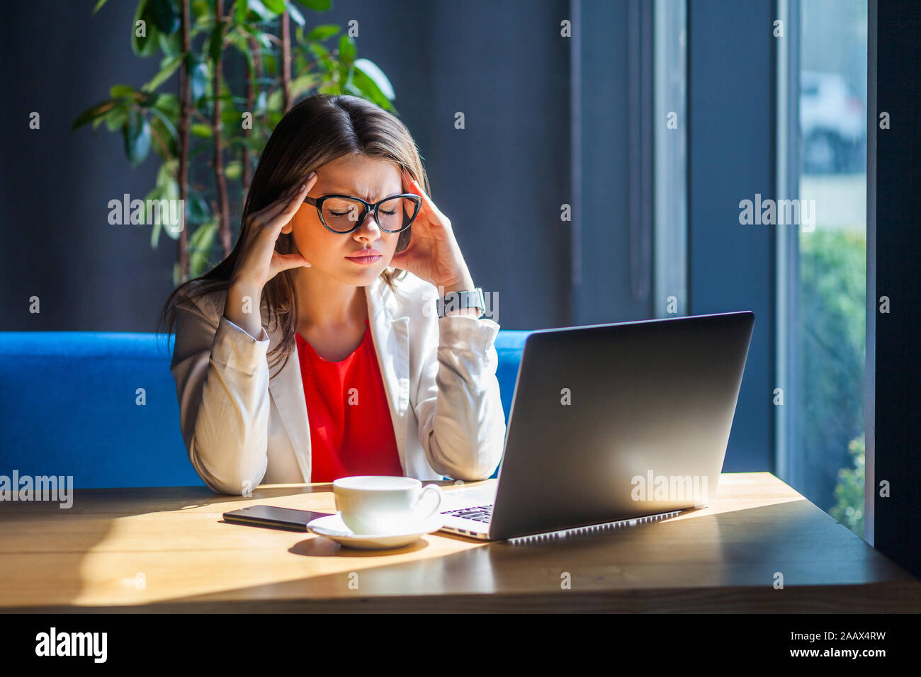 Headache, migraine, confusion, problem or thinking. Portrait of sick ...