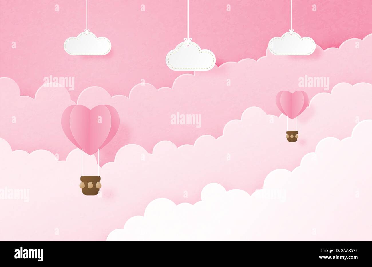 Valentine's day banner with heart shape hot air balloon floating in the ...