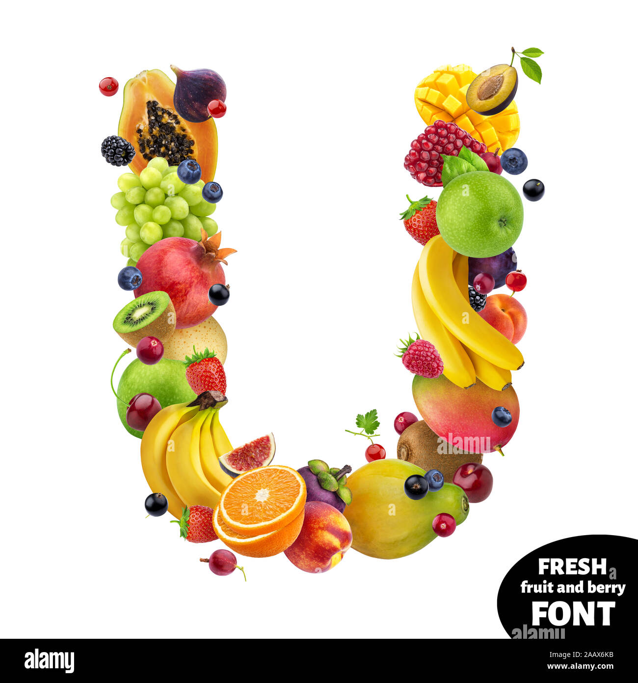 Symbol U made of berries and fruits, food font isolated on white ...