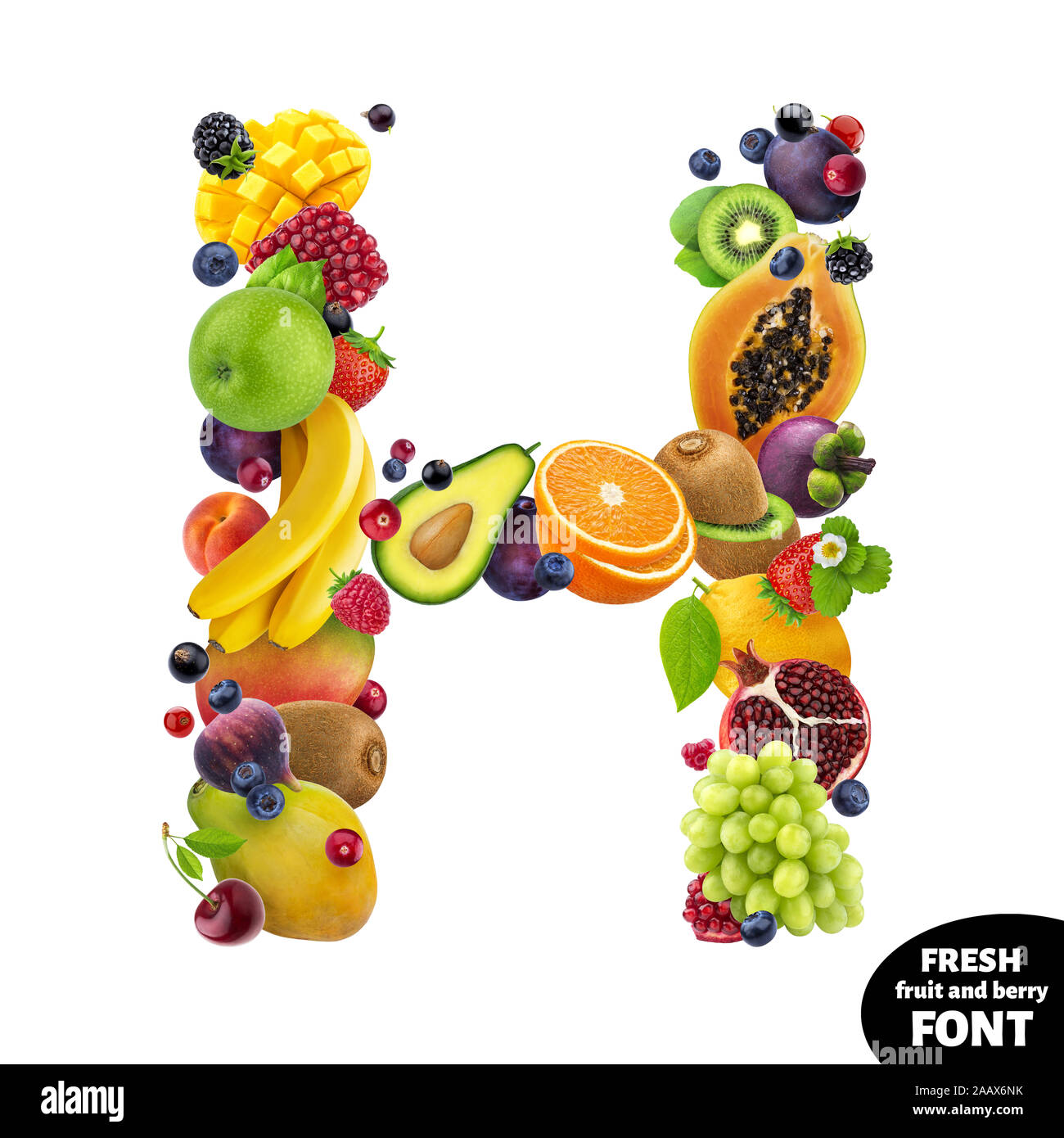 Letter H made of berries and fruits, food font isolated on white ...