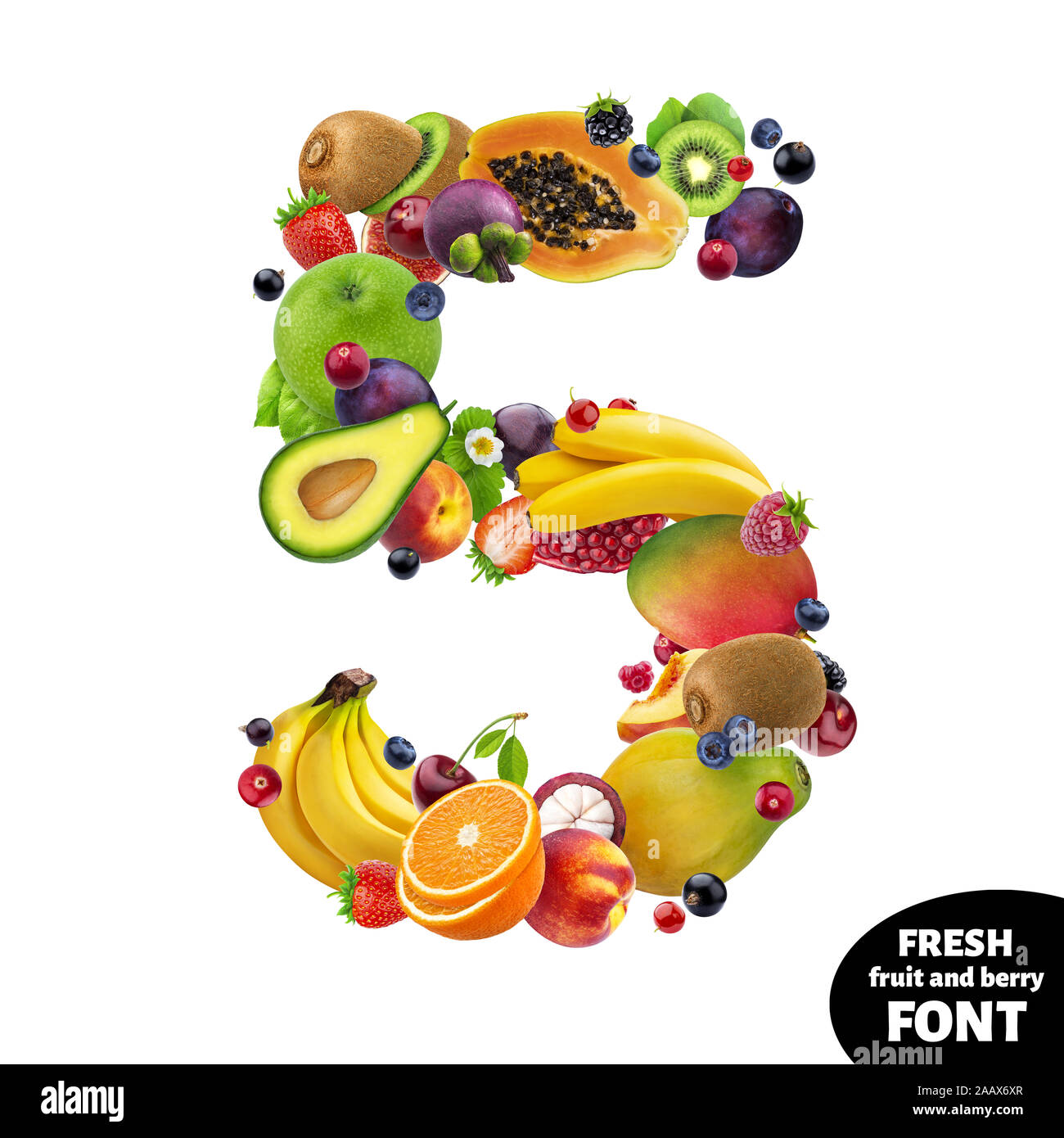 Number five made of exotic berries and fruits isolated on white ...