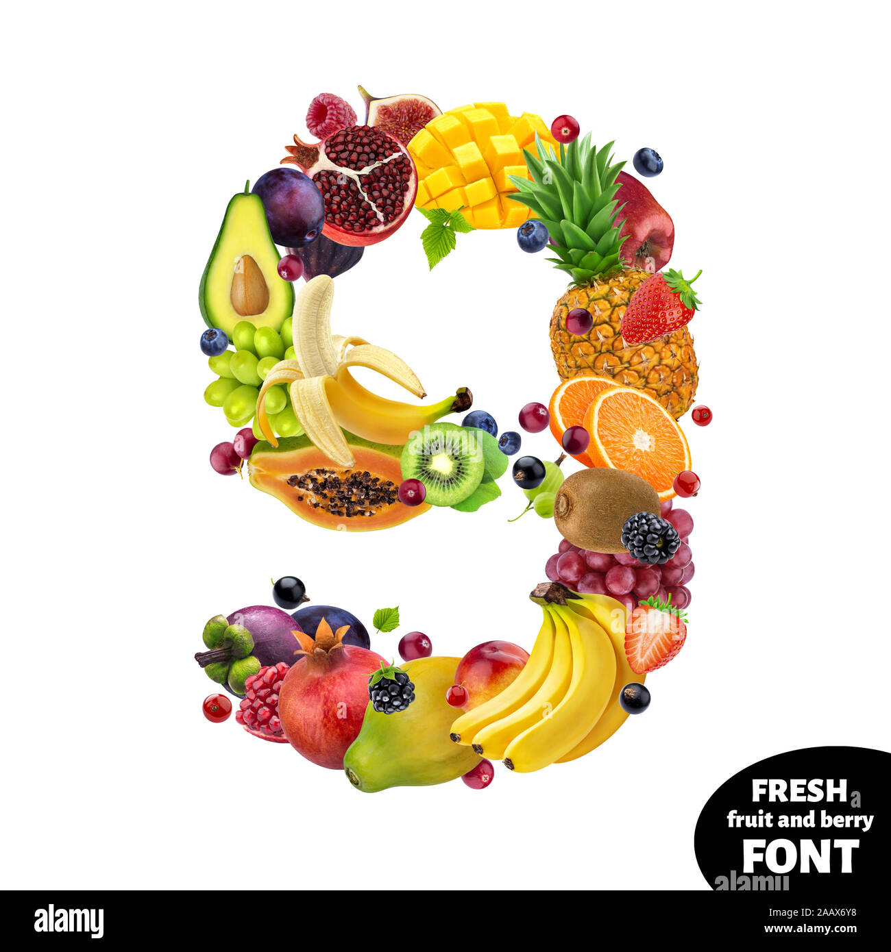 Number nine made of exotic berries and fruits isolated on white ...