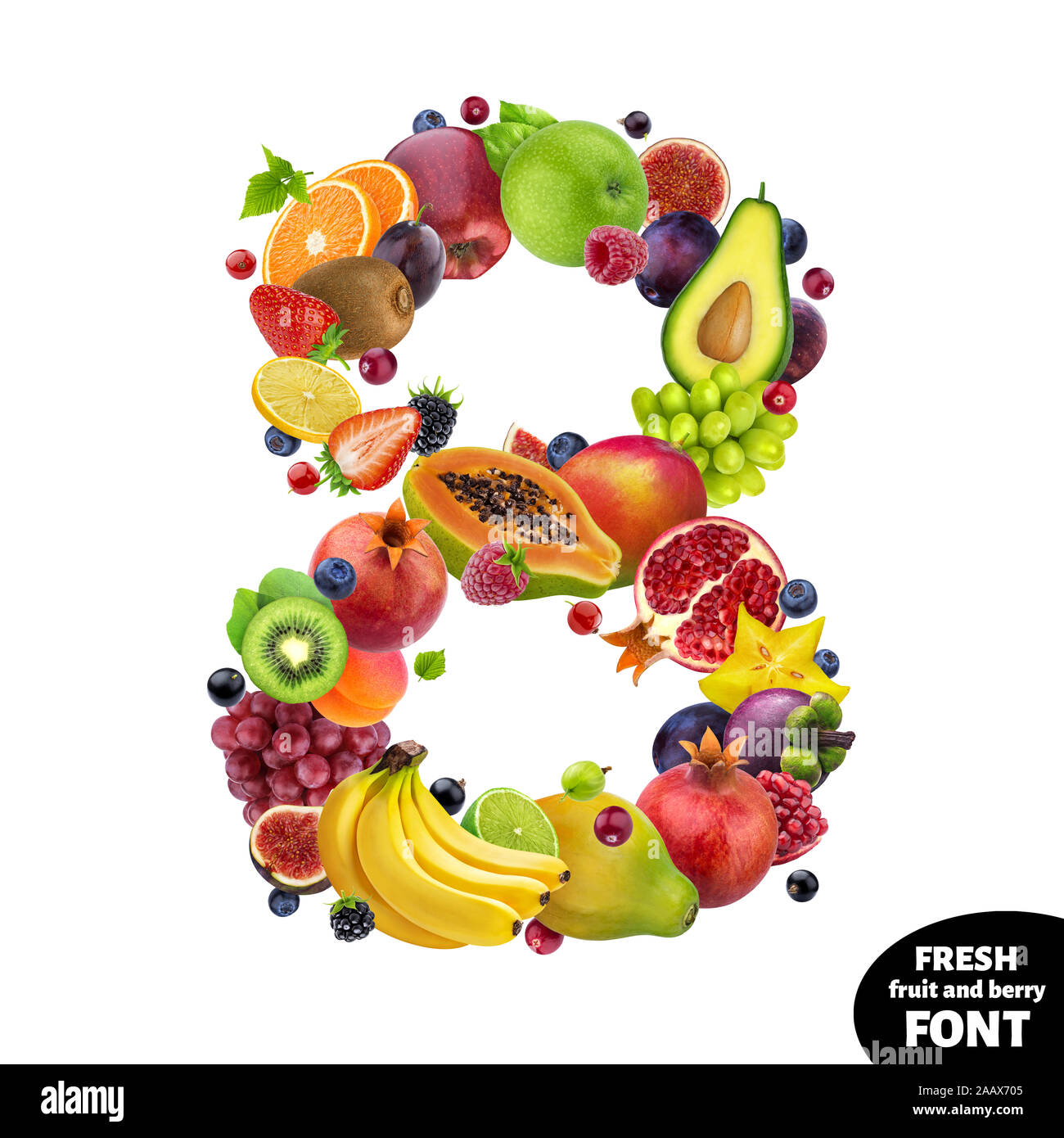 Number eight made of exotic berries and fruits isolated on white ...