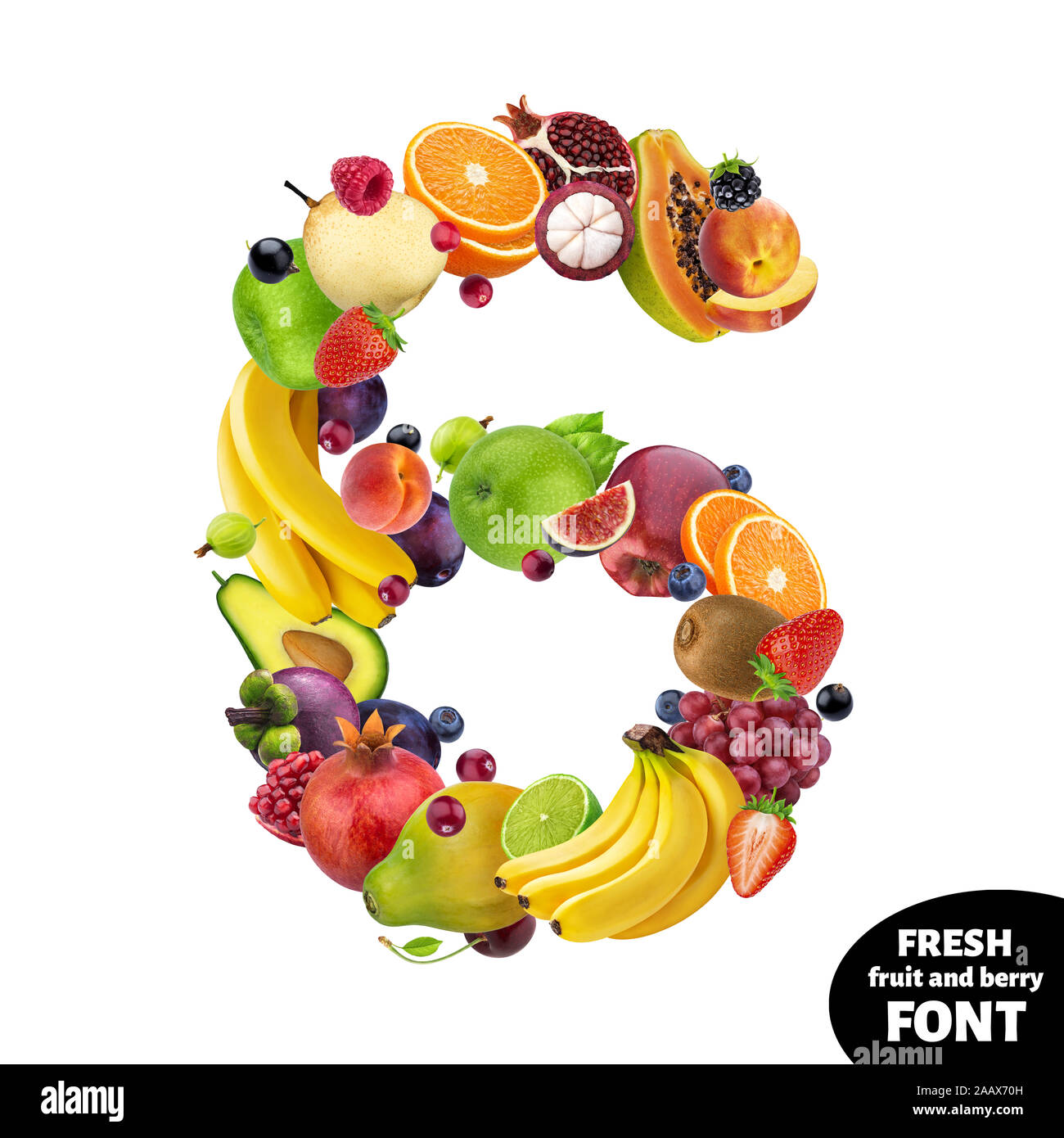 Number six made of exotic berries and fruits isolated on white ...