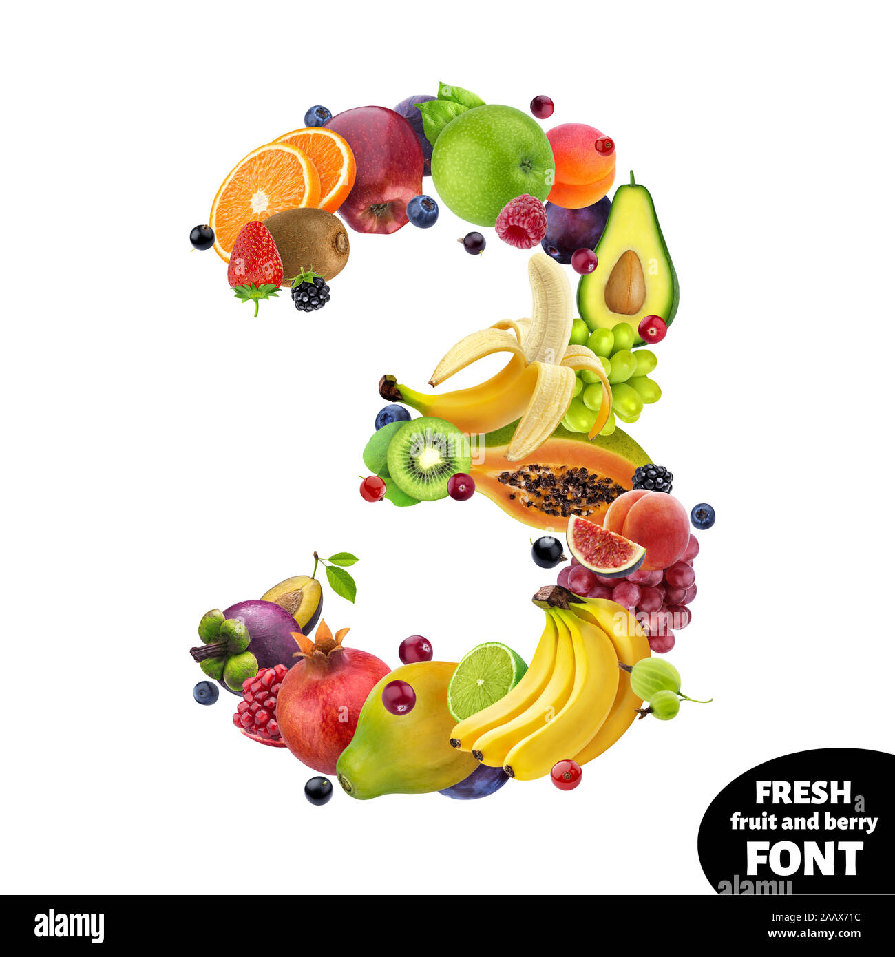 Number 3 made of different fruits and berries, fruit alphabet isolated ...