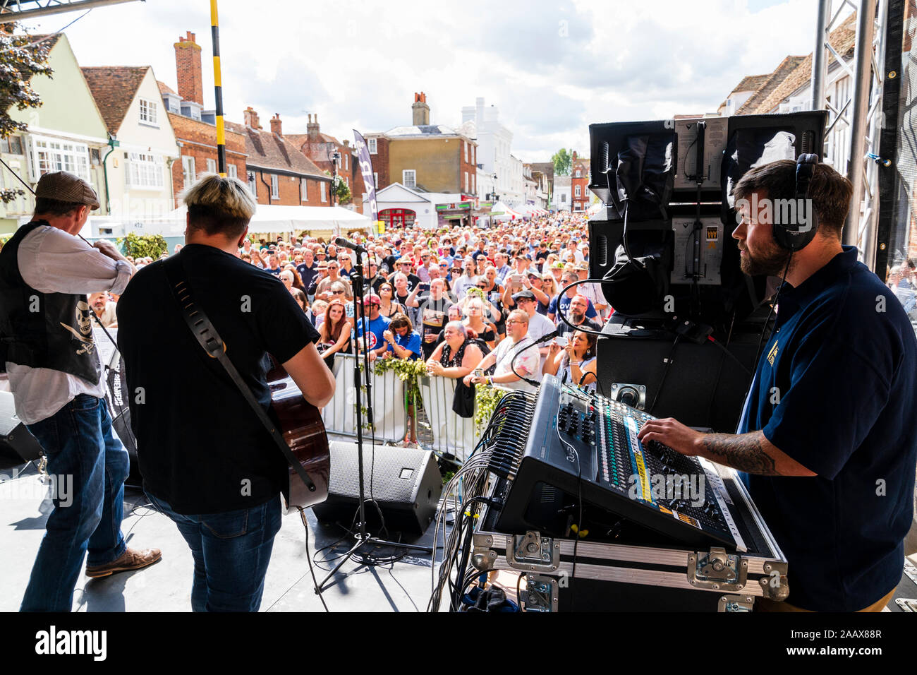 Faversham Hop Festival. Back of stage view of the French rock band 'Sur ...
