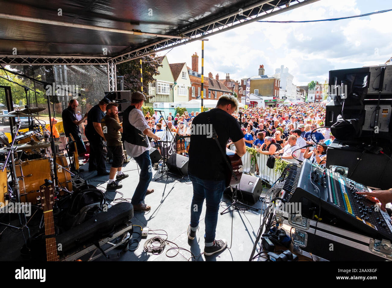 Faversham Hop Festival. Back of stage view of the French rock band 'Sur ...